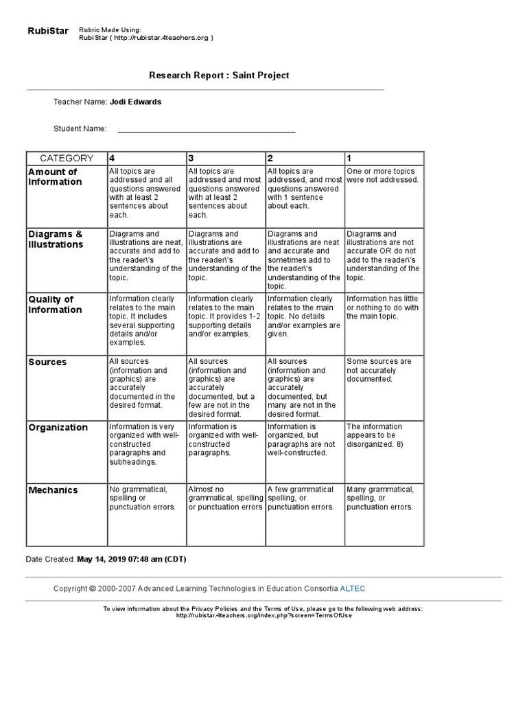 Your Rubric Research Report Saint Project | PDF | Rubric (Academic ...