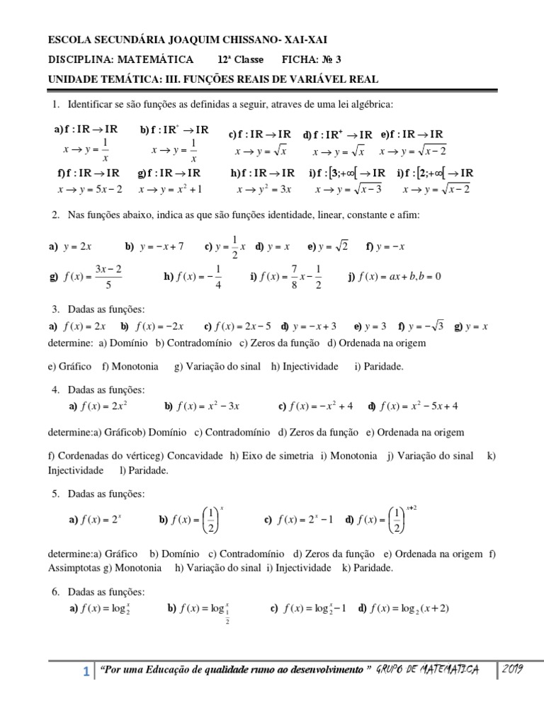 Funções Reais: Exercícios e Análise | PDF | Função (Matemática ...