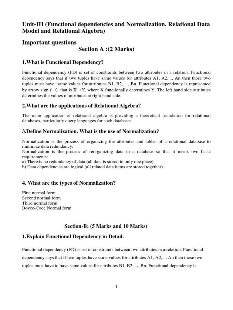 Unit-III (Functional Dependencies and Normalization, Relational Data Model and Relational ...