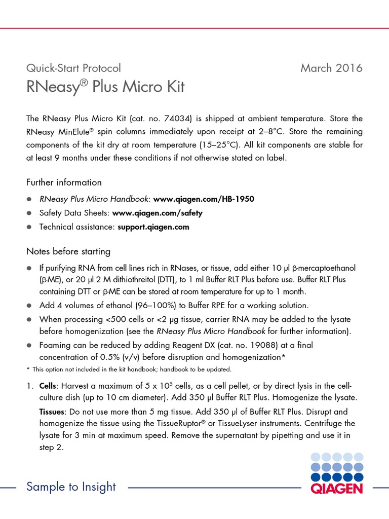 Rneasy Plus Micro Kit: Quick-Start Protocol March 2016 | PDF | Lysis ...
