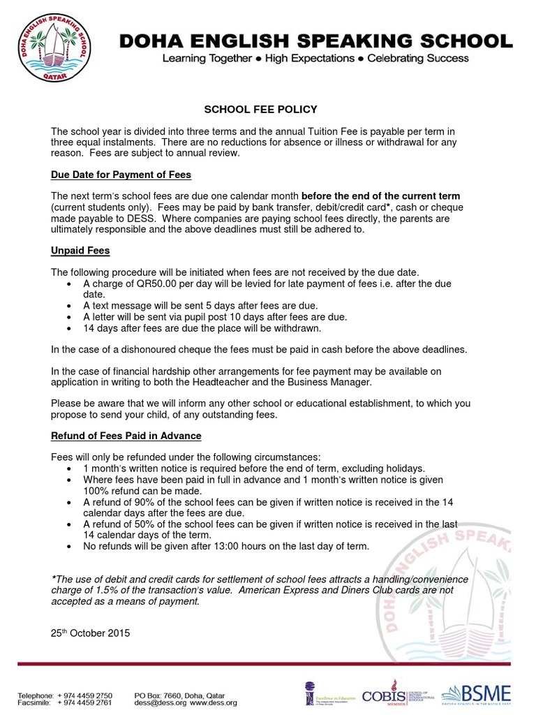 School Fee Policy: Due Date For Payment of Fees | PDF