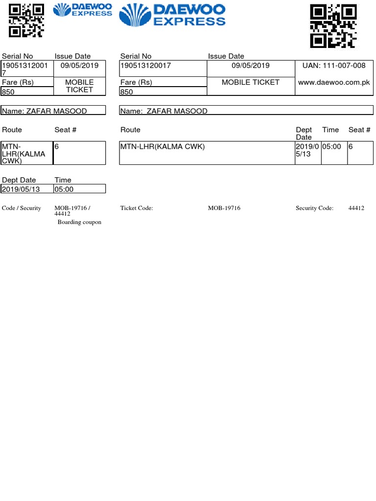 Daewoo Tickets | PDF