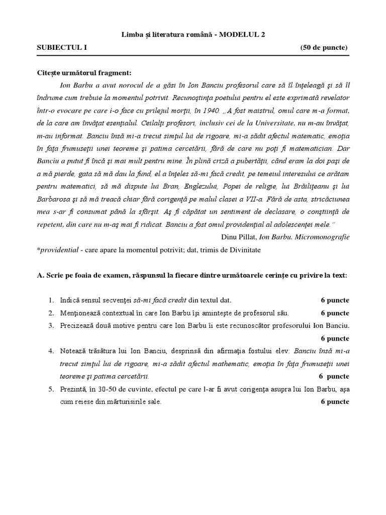 Model - de - Subiect Limba - Romana 2 | PDF