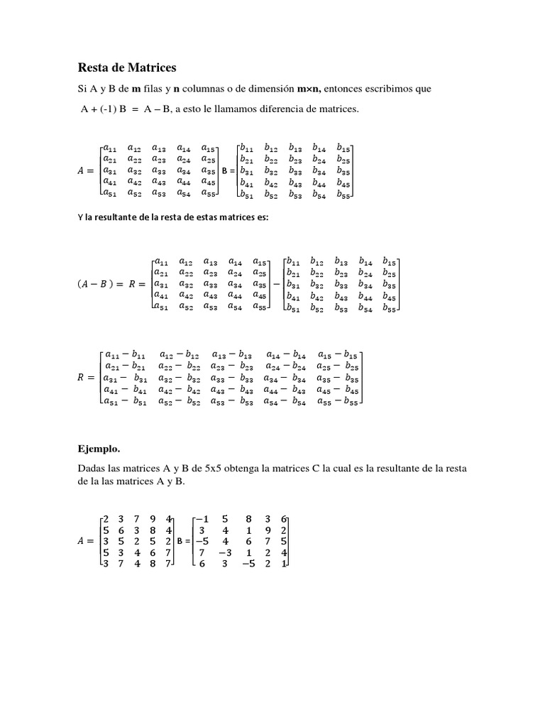 Resta de Matrices | PDF | Sustracción | Matriz (Matemáticas)