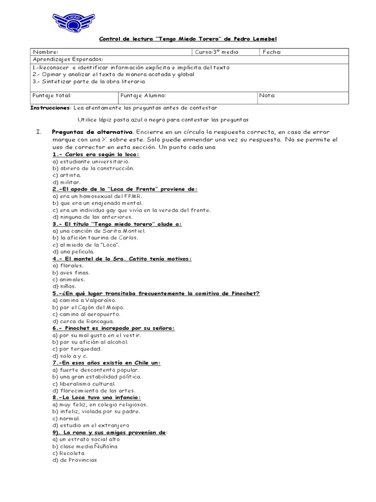 Control de Lectura: "Tengo Miedo Torero" | PDF | Ficción general