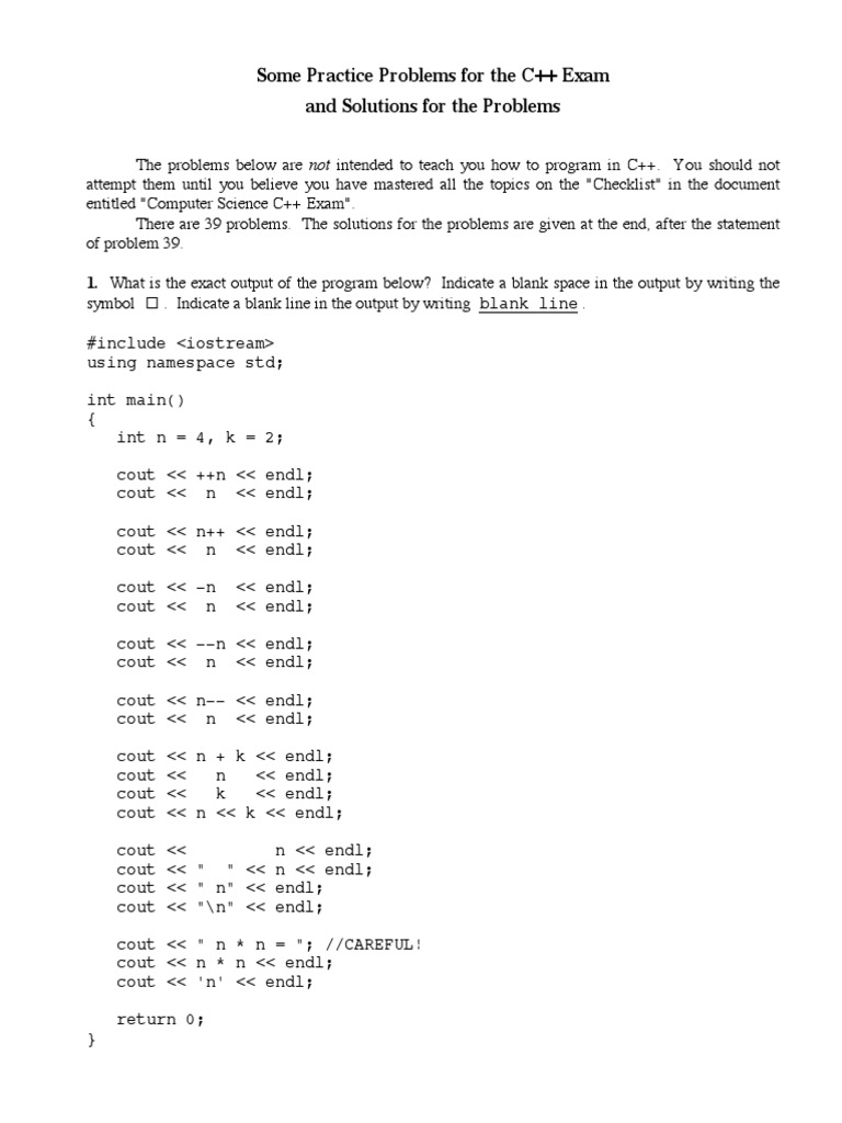 C++ Exam Practice Problems and Solutions Under 40 Characters | PDF ...