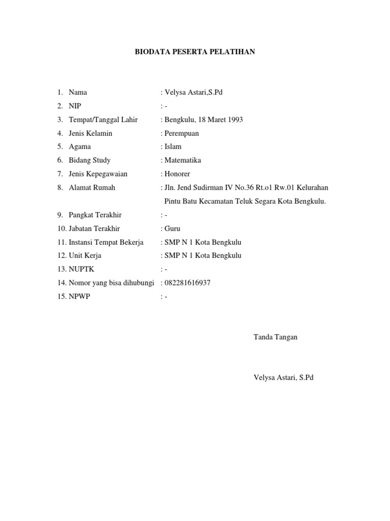 Biodata Peserta Pelatihan | PDF