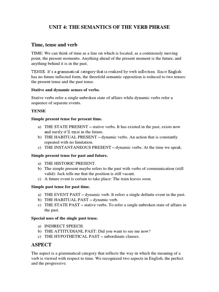 Unit 4: The Semantics of The Verb Phrase: Stative and Dynamic Senses of ...