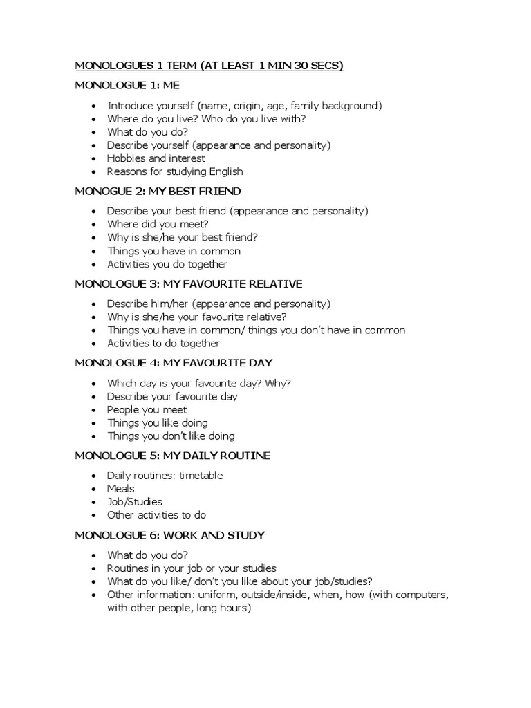 English Monologue Examples for A2-B2 | PDF | Foods | Cooking