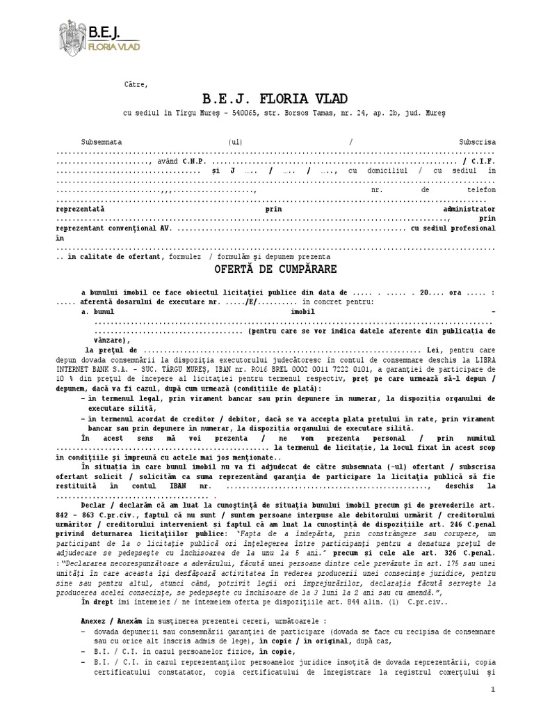 Model Oferta de Cumparare Bun Imobil | PDF