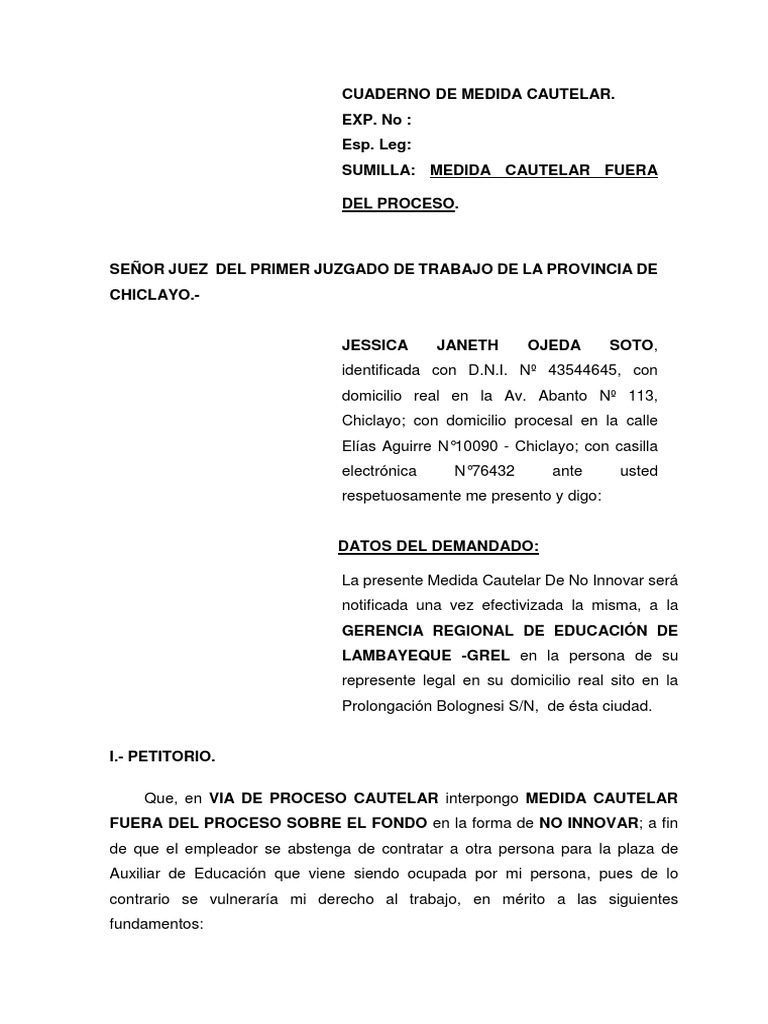 Modelo De Medida Cautelar Fuera Del Proceso Docx Mandato Esfera Pública