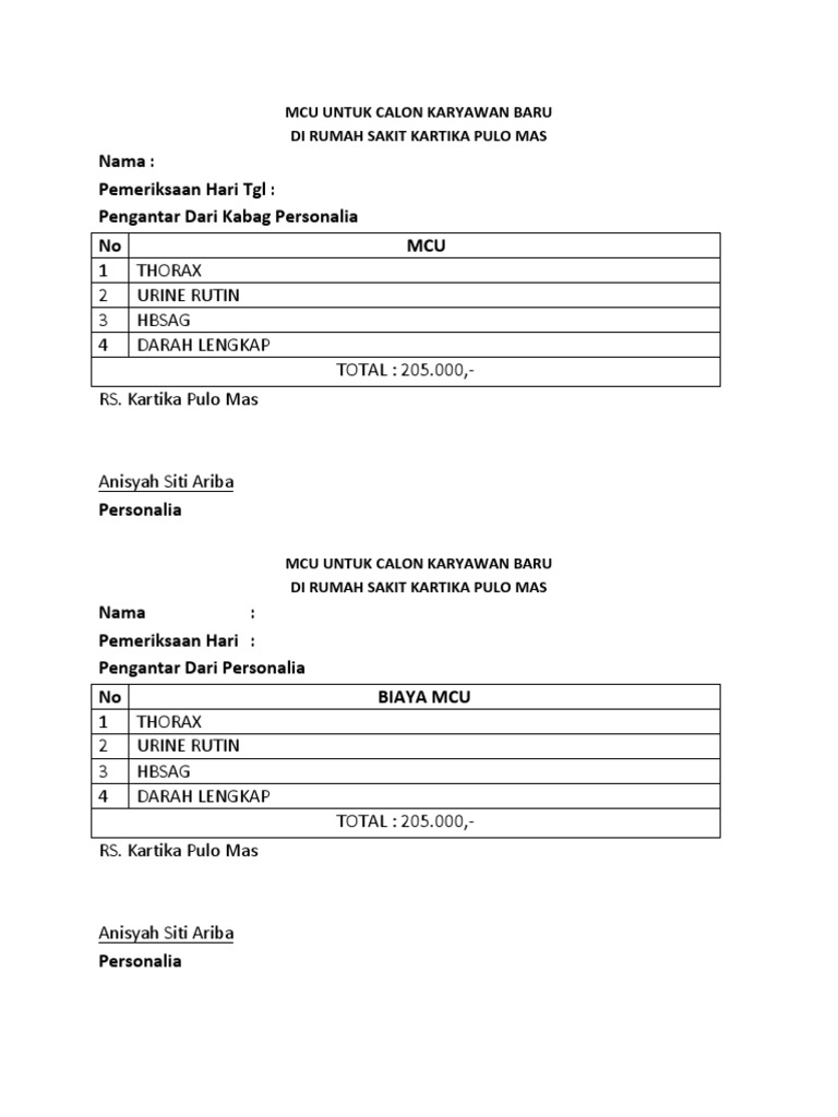 Surat Pengantar Biaya Mcu Untuk Calon Karyawan Baru | PDF