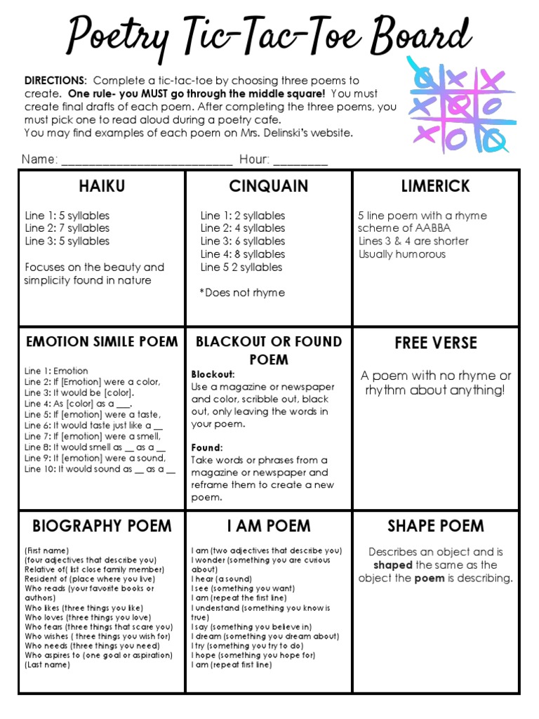 Poetry Tic Tac Toe Board Handout | PDF | Rhyme | Poetry