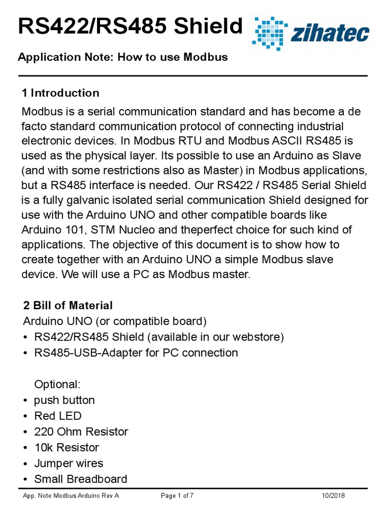 Application Note RS485 Shield ModBus Rev A PDF | PDF | Arduino | Physical Layer Protocols