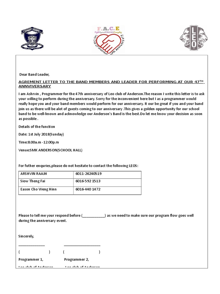 Agrement Letter To The Band Members and Leader For Performing at Our 47 ...