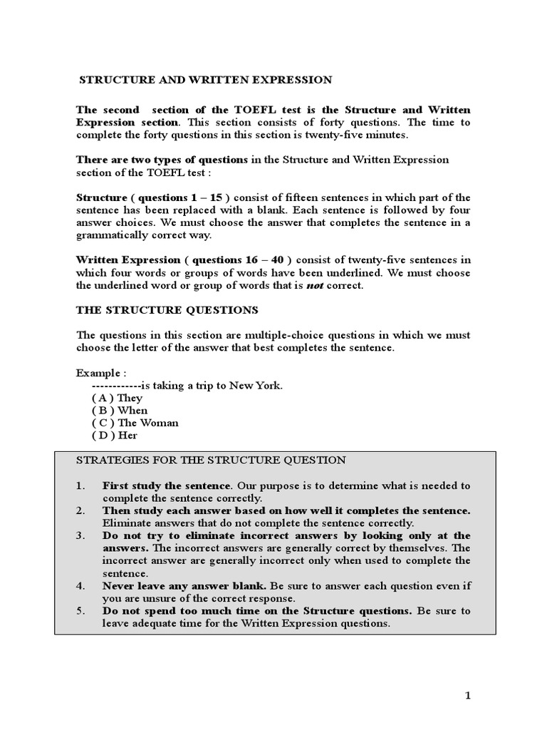 TOEFL Structure | PDF | Question | Subject (Grammar)