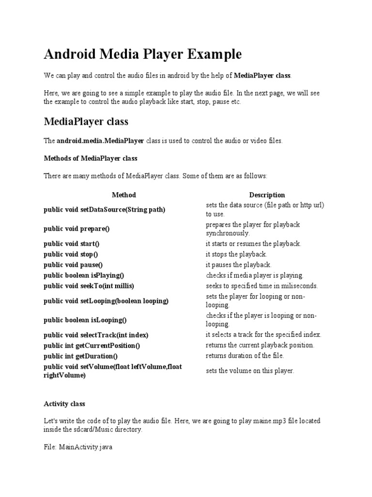 Android Media Player Example: Mediaplayer Class | PDF | Computer Data | Computing