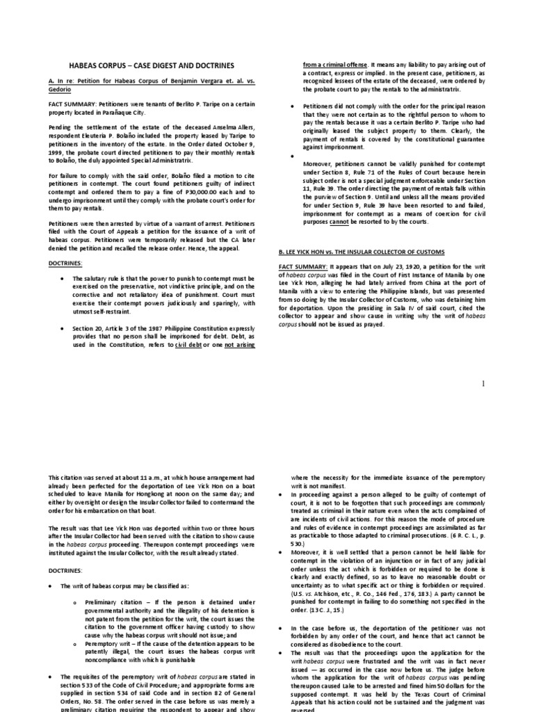 Case Digest Under Writ of Habeas Corpus | PDF | Habeas Corpus | Certiorari