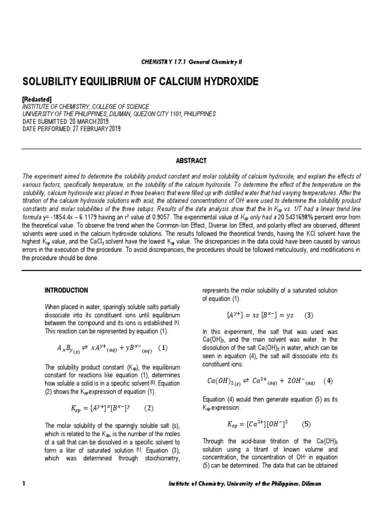 Solubility Equilibrium of Calcium Hydroxide: (Redacted) | PDF ...