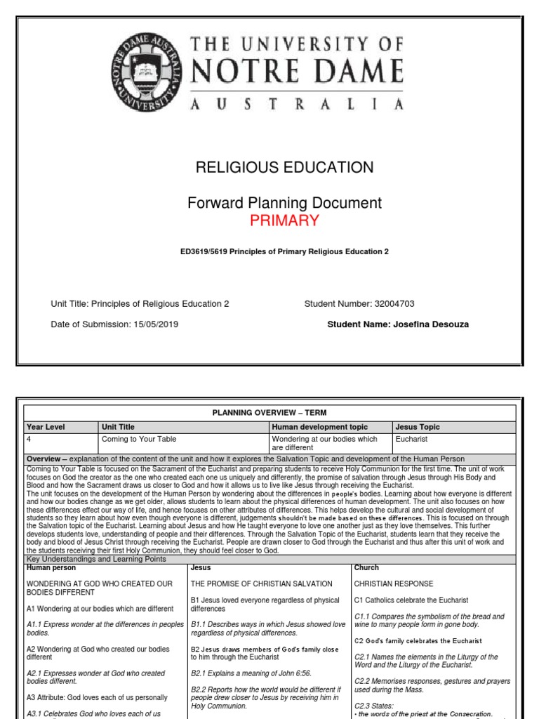 Forward Planning Document Primary | PDF | Eucharist | Mass (Liturgy)
