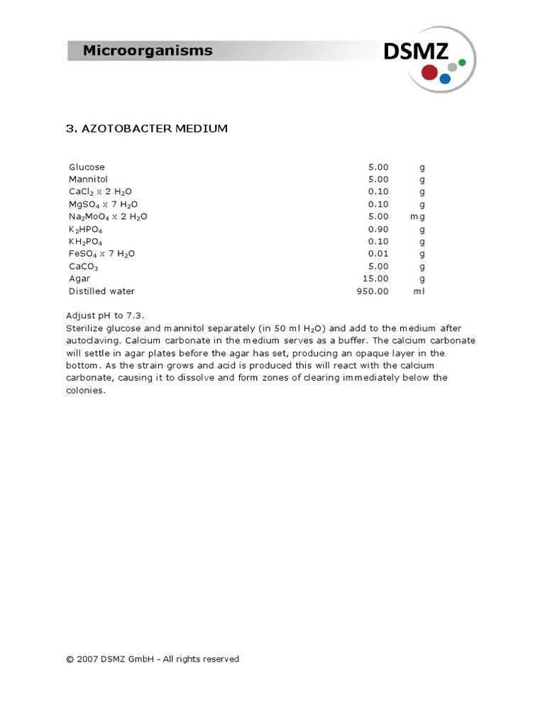 Azotobacter Medium: © 2007 DSMZ GMBH - All Rights Reserved | PDF