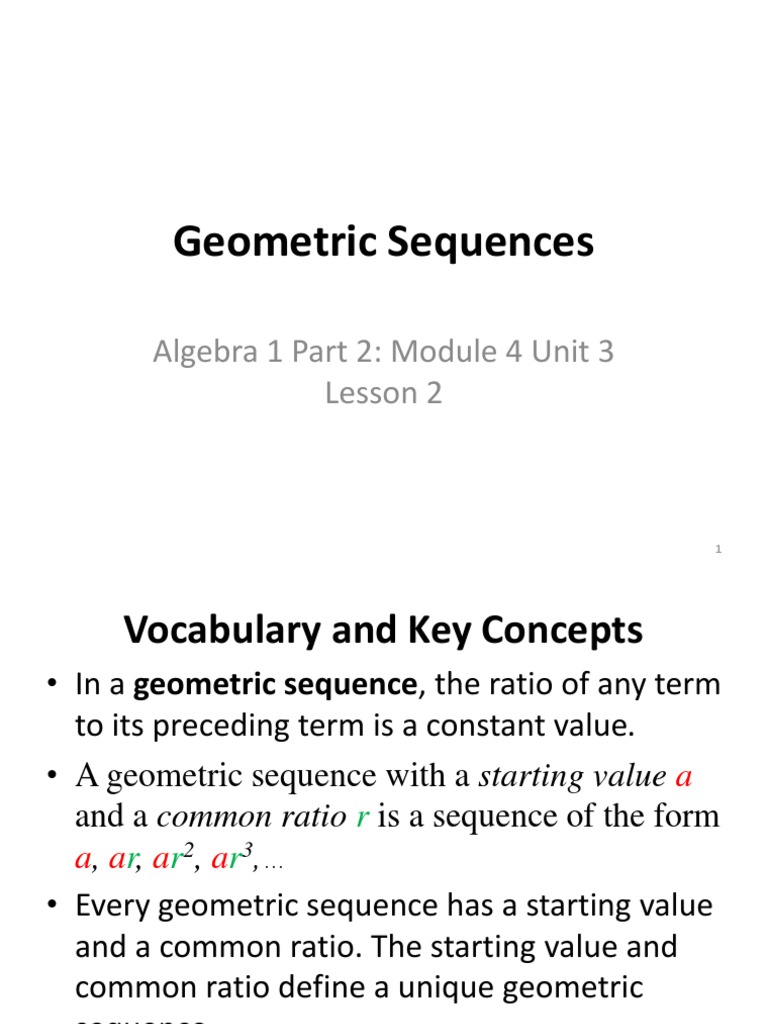 Geometric Sequences: Algebra 1 Part 2: Module 4 Unit 3 Lesson 2 | PDF ...