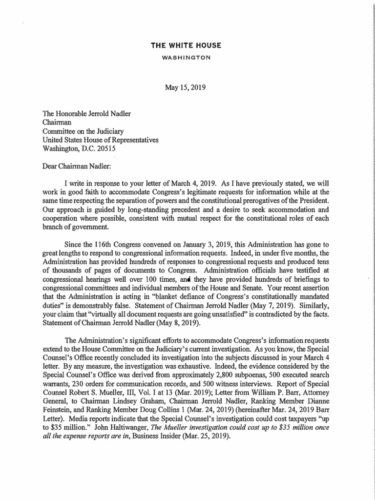 White House Letter Nadler 190515 | PDF | Executive Privilege | United ...