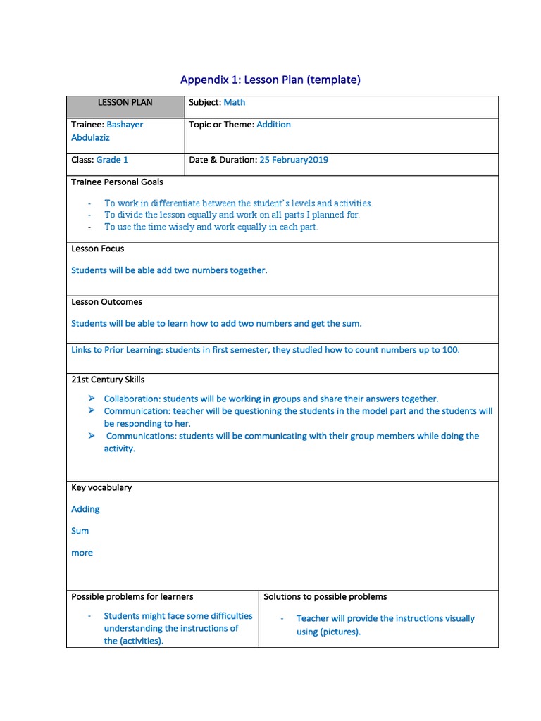 Appendix 1: Lesson Plan (Template) | PDF | Lesson Plan | Change