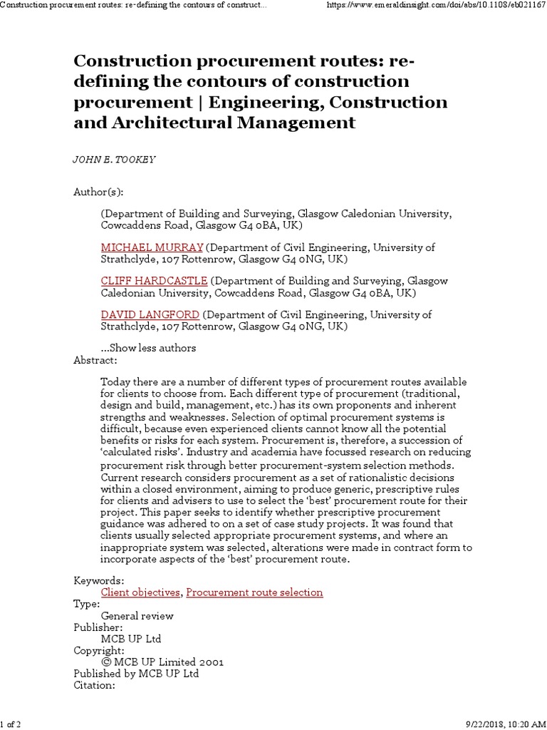 Construction Procurement Routes: Re-Defining The Contours of ...