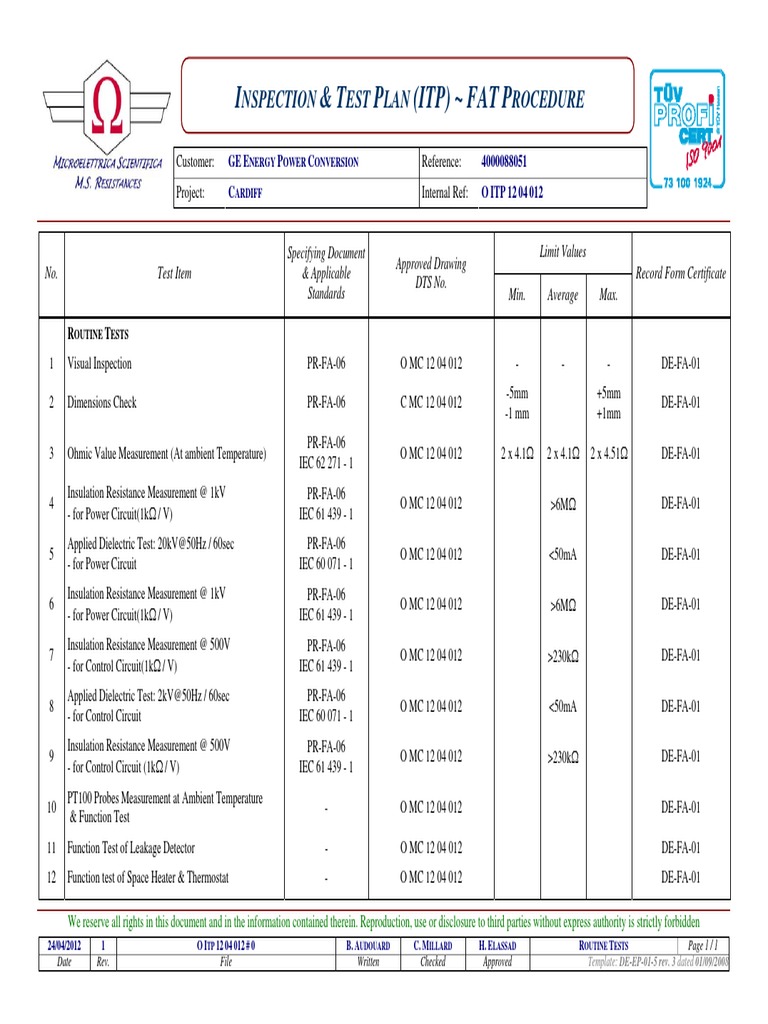 O ITP 12 04 012 # 1 - Inspection & Test Plan | PDF | Electrical ...