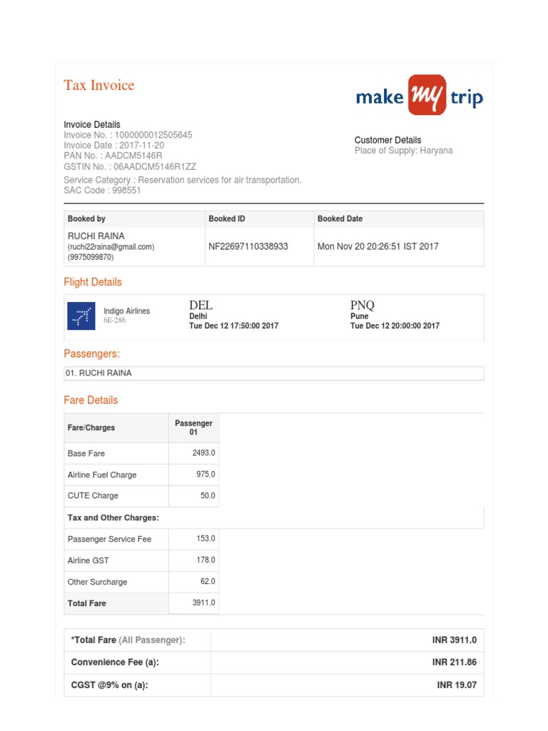 Tax Invoice for Flight Booking from Delhi to Pune | PDF | Airlines ...