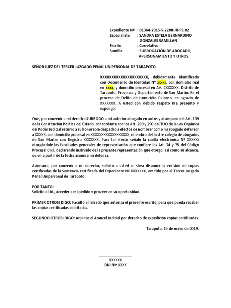 Modelo de Subrogaciòn de Abogado y Apersonamiento | Instituciones ...