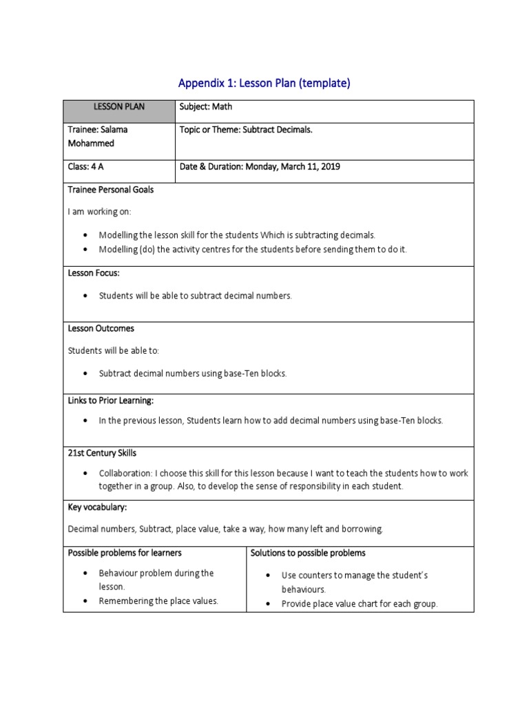Appendix 1: Lesson Plan (Template) | PDF | Lesson Plan | Applied Psychology