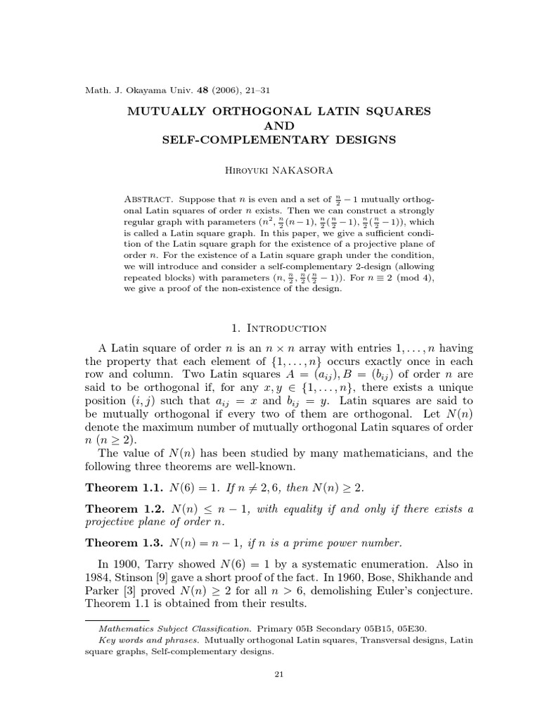 Mutually Orthogonal Latin Squares and Self-Complementary Designs | PDF | Matrix (Mathematics ...