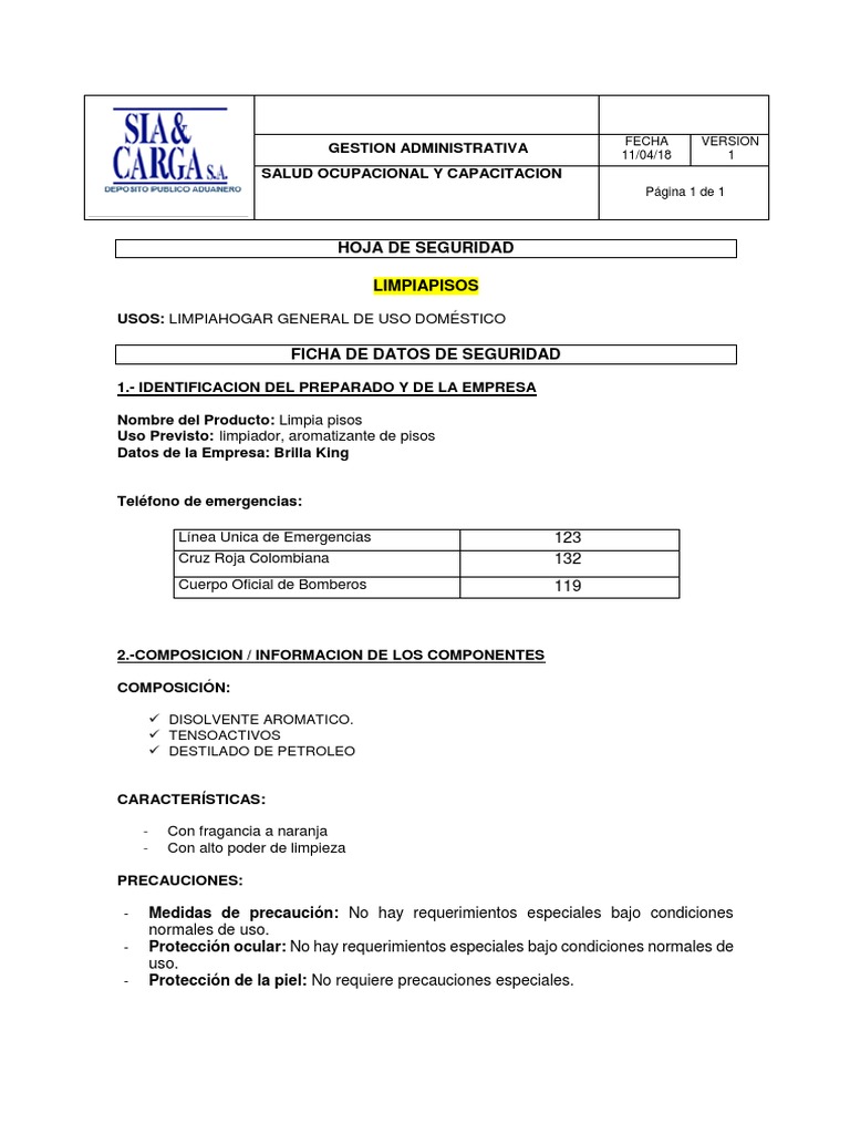 Hoja de Seguridad (Limpia Pisos) | PDF | Agua | Residuos