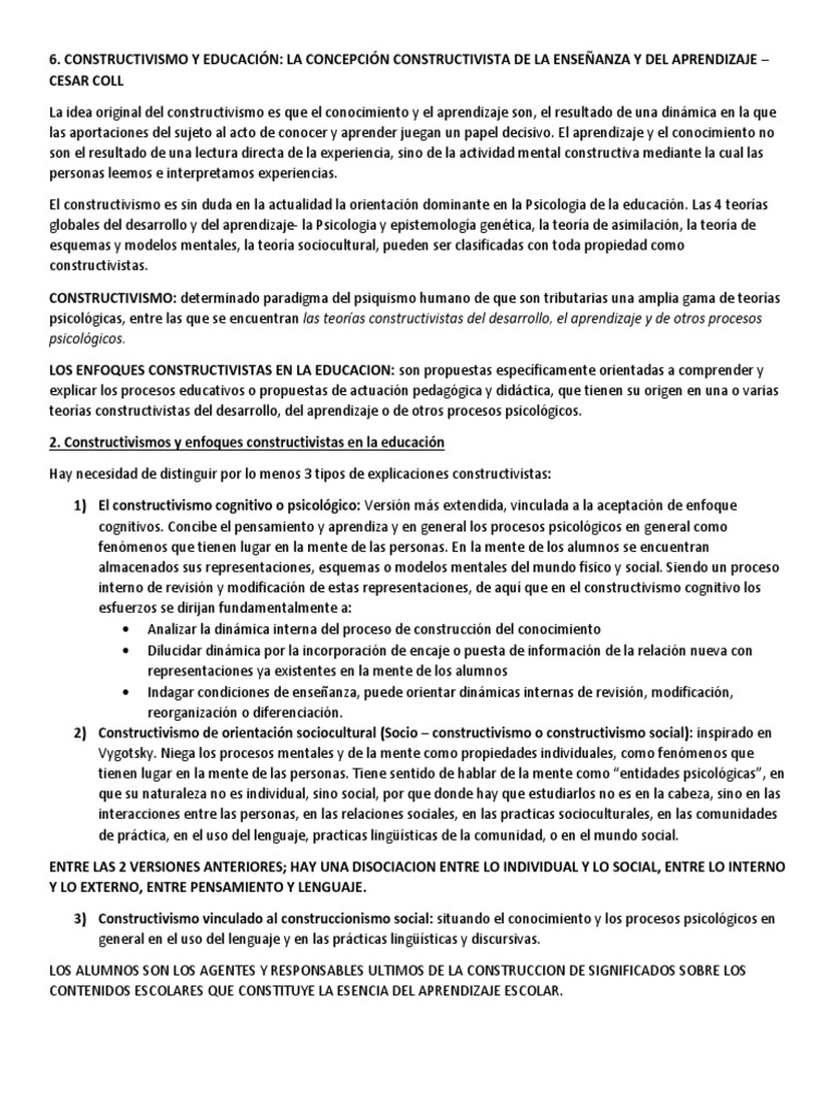 Capitulo 6. Constructivismo Cesar Coll | PDF | Constructivismo (filosofía de la educación ...