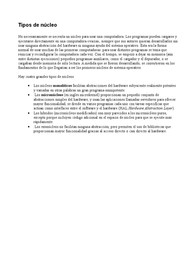 Tipos de Nucleo | PDF | Kernel (sistema operativo) | Informática