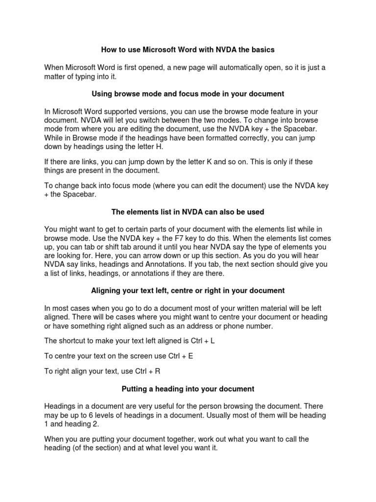 How To Use Microsoft Word With Nvda The Basics Pdf Hyperlink