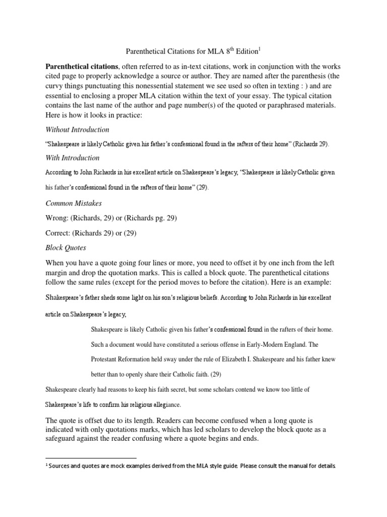 Parenthetical Citations For MLA 8th Edition | PDF