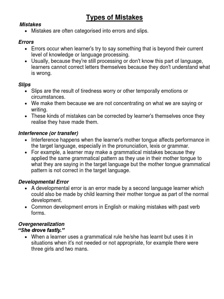 Types of Mistakes | PDF | Second Language | Educational Assessment
