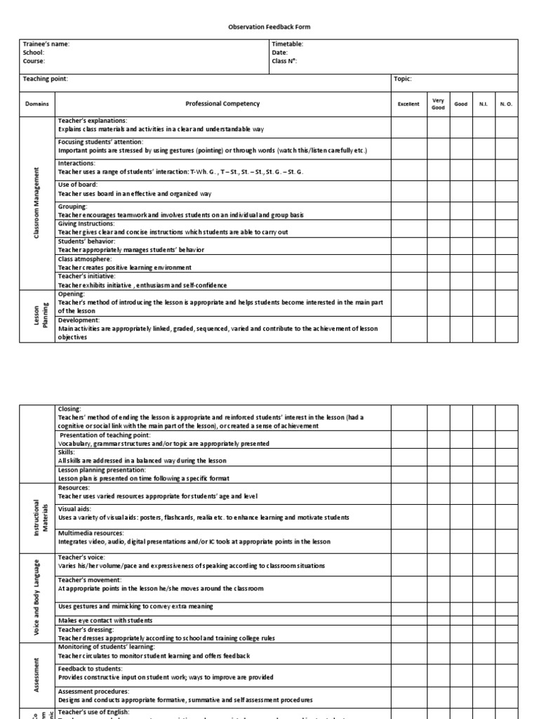 Teacher Observation Feedback Form | PDF | Psychotherapy | Teachers