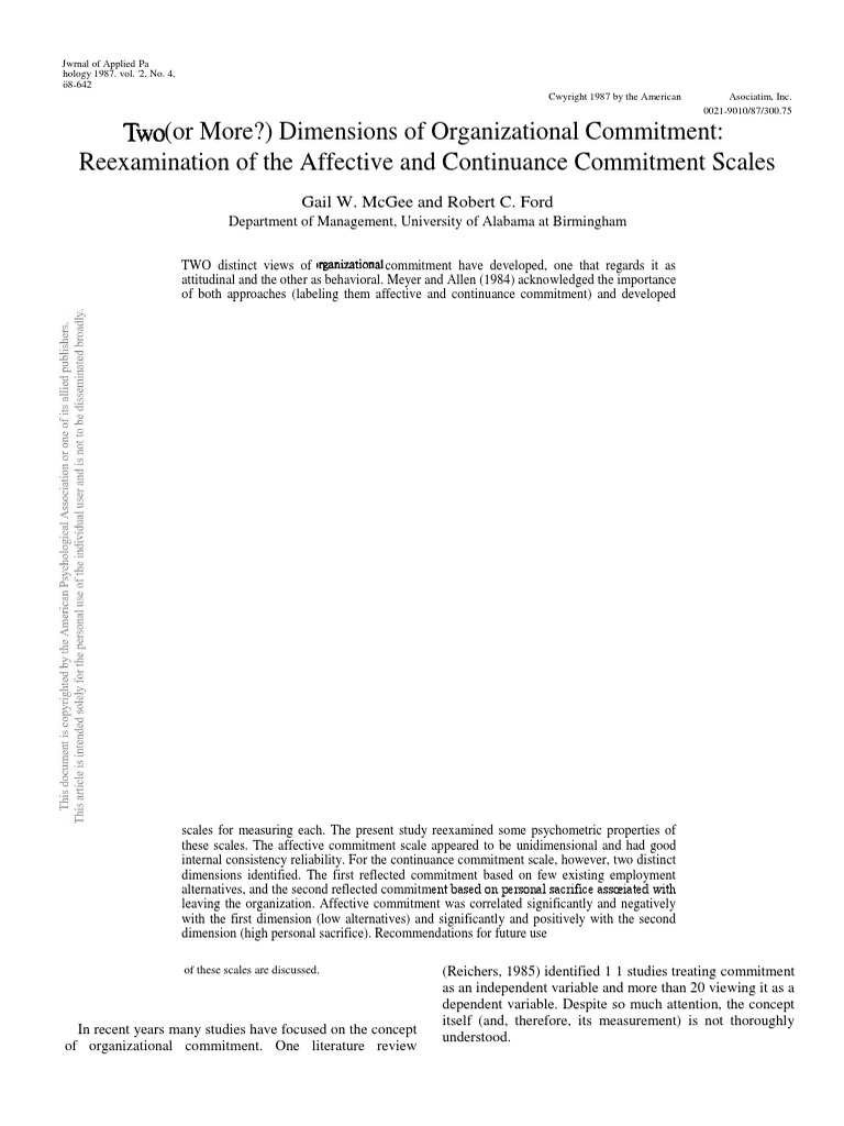 (Or More?) Dimensions of Organizational Commitment: Reexamination of ...