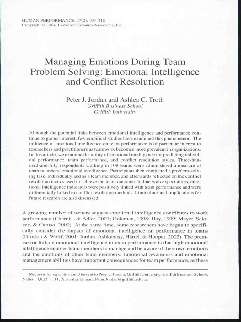 Managing Emotions During Team Problem Solving: Emotional Intelligence ...