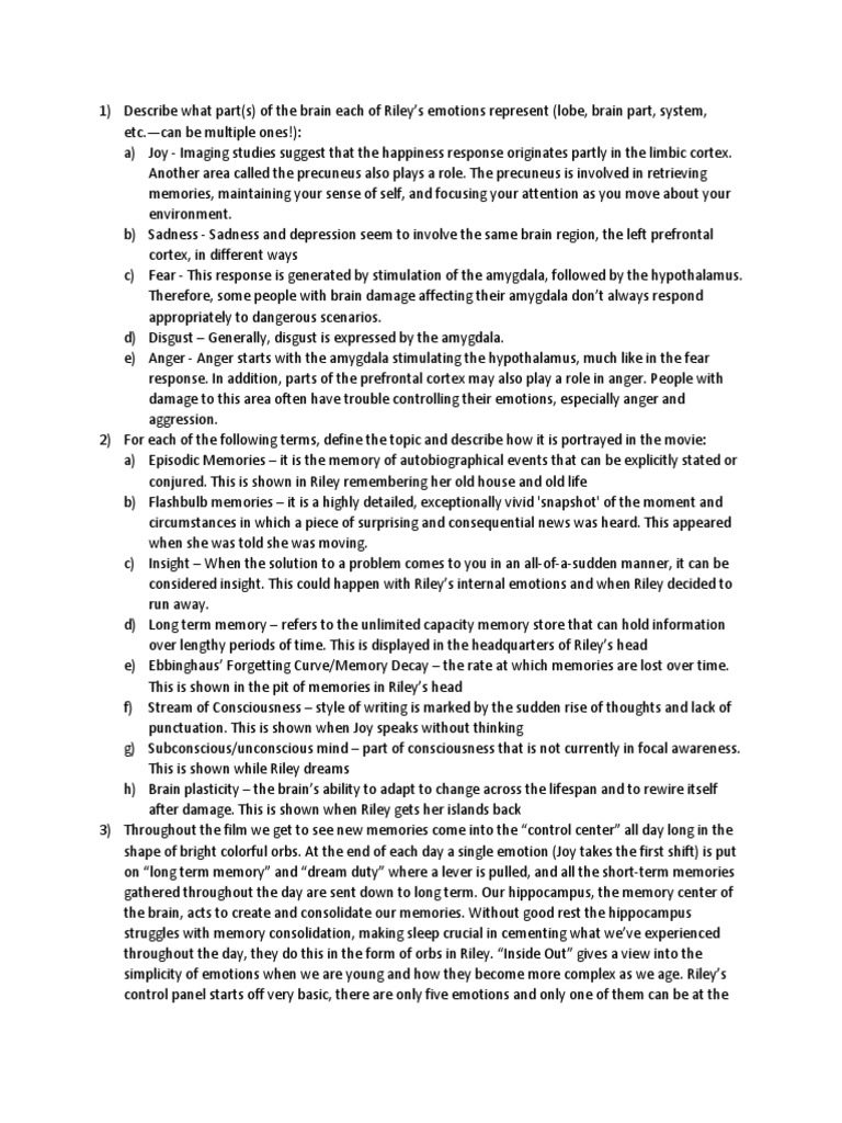 Inside Out Worksheet | PDF | Memory | Amygdala