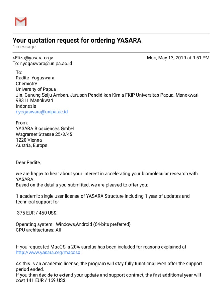 Gmail - Your Quotation Request For Ordering YASARA | PDF