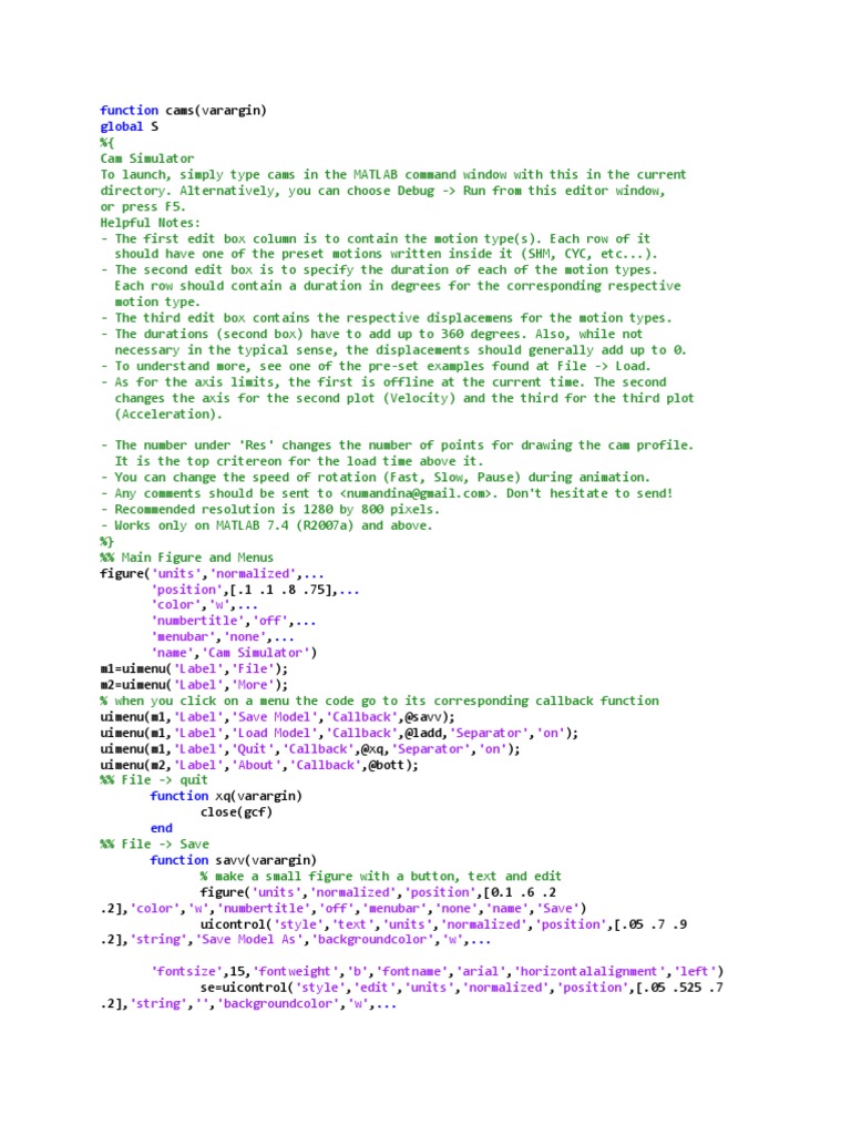 Code Cams Matlab | PDF | Rotation | Acceleration