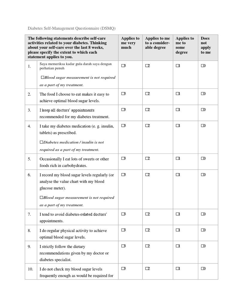 Diabetes Self-Management Questionnaire (DSMQ) | PDF | Diabetes ...