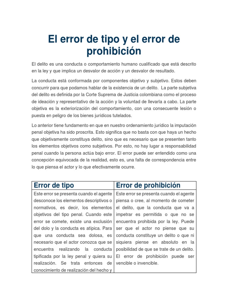 Error de Tipo y Error de Prohibición | PDF | Derecho penal ...