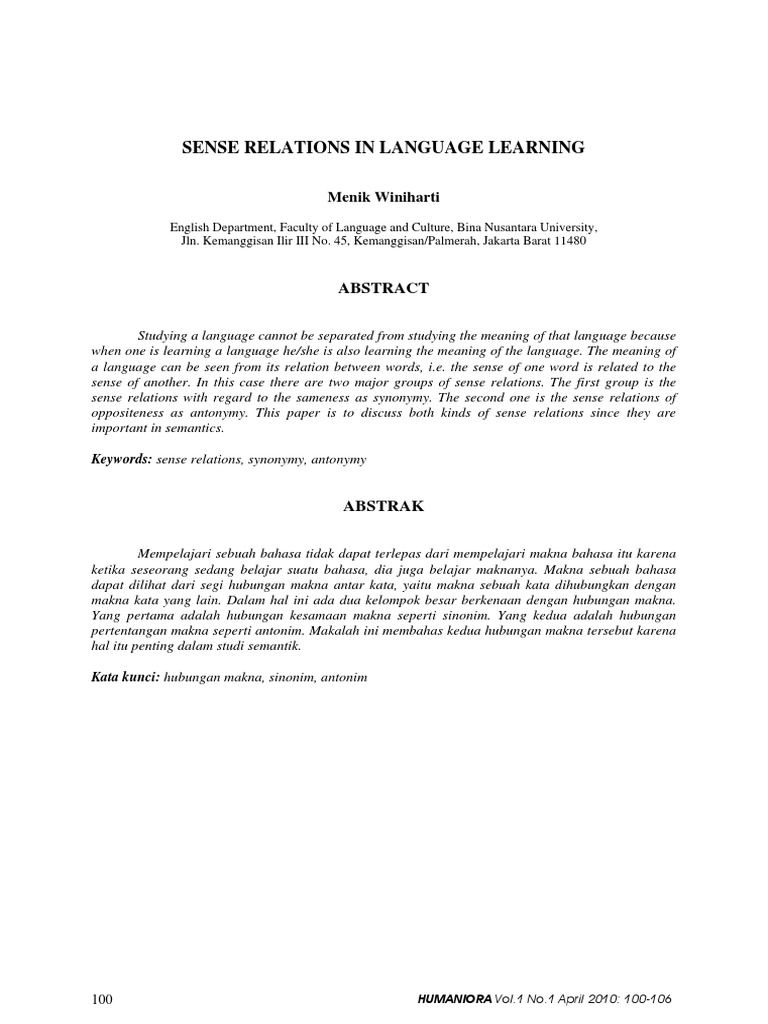Sense Relations in Language Learning: Menik Winiharti | PDF | Lexical ...