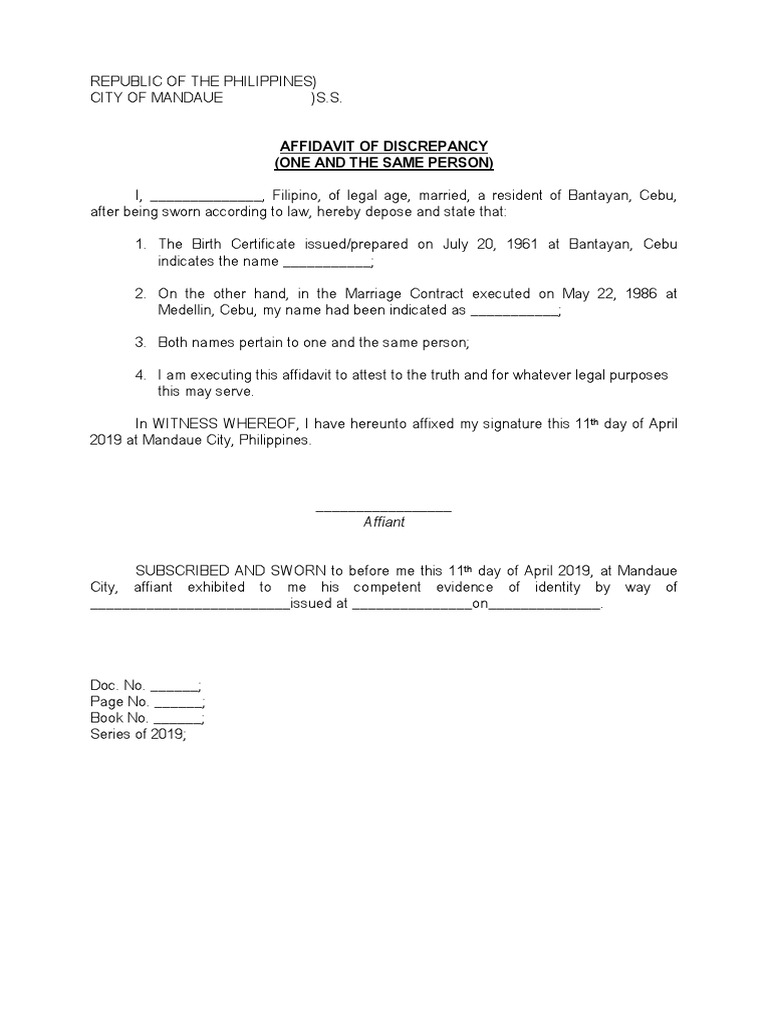 Affidavit of Discrepancy (One and The Same Person) : Affiant | PDF ... Affidavit of Discrepancy (One and The Same Person) : Affiant | PDF ...
